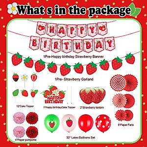 Strawberry Birthday Party Decorations Set Include Strawberry Shortcake Birthday Banner Cake Toppers Balloons Paper Pompoms and Fans for Kids Girl Berry Sweet Themed Birthday Party Supplies Decor