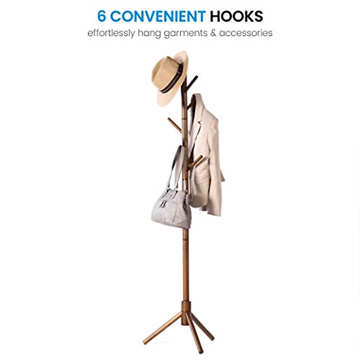 ZOBER Coat Rack Free Standing - Wooden Coat Tree W/ 6 Hooks - Coats, Purses, Hats - Adjustable Sizes, Easy Assembly - Vintage