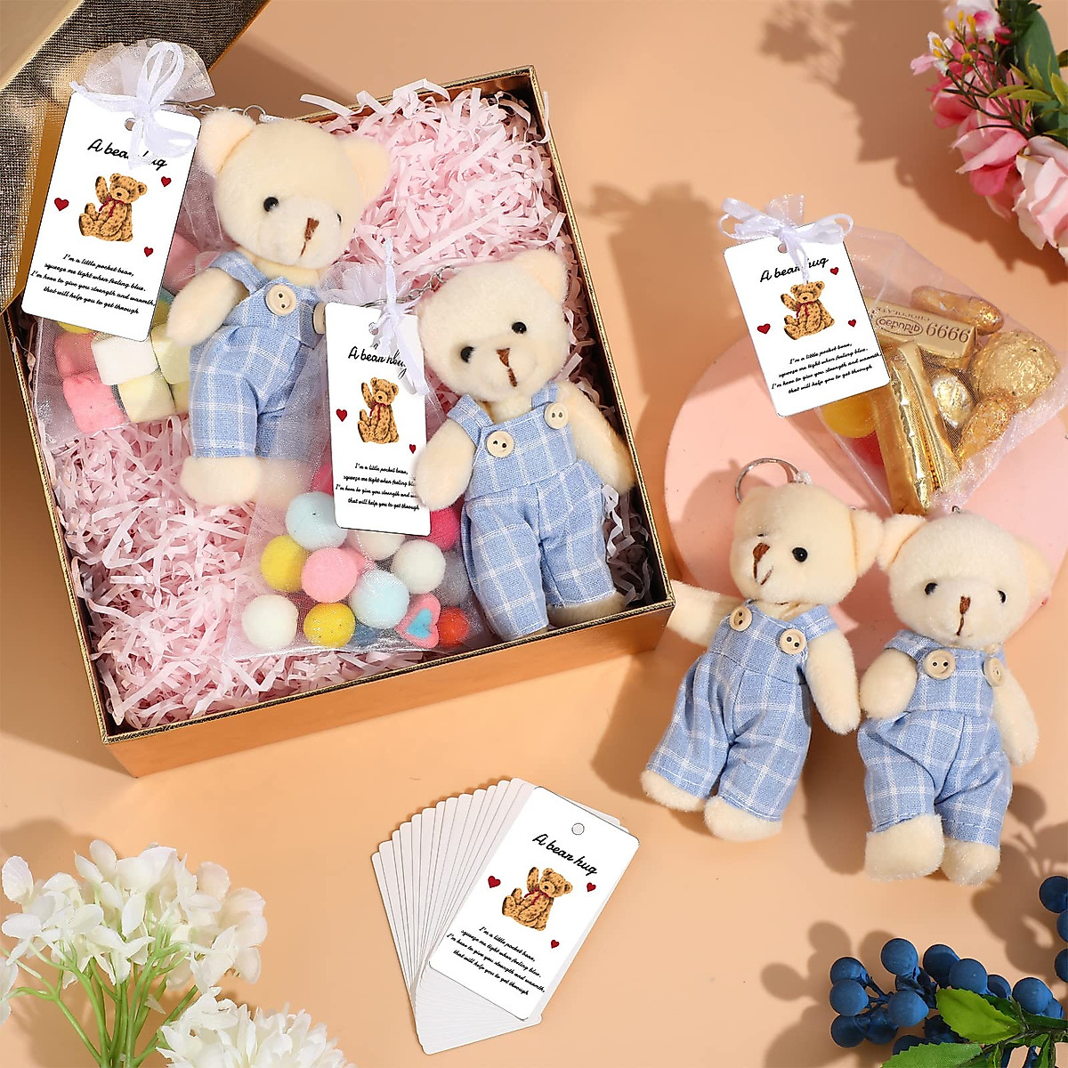 20 Sets Miniature Bear with Clothes Stuffed Plush Bear Decorations, 4.7 Inch Bears Baby Shower Doll Favors Bear Hug Gift Card White Organza Bags for Guest Baby Shower Souvenirs Birthday Party (Blue)