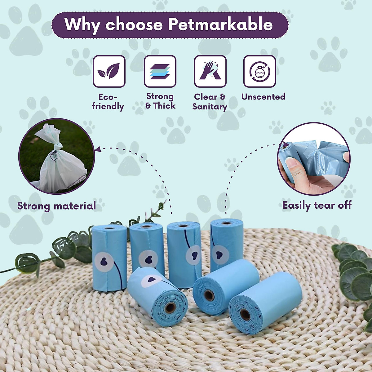 Petmarkable Complete Earth-Conscious Dog Waste Kit: Wheat Straw Waste Bag Dispenser with one corn starch 15-bag waste bag roll, Carabiner, Elastic Band for Secure Leash Attachment, Leak-Proof (Blue)
