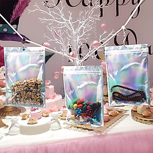100pcs Resealable Holographic Mylar Bags 5.5x7.8 inch, Foil Zip Sample Pouch Gift Baggies For Packaging Candy Jewelry Lash Lip Gloss