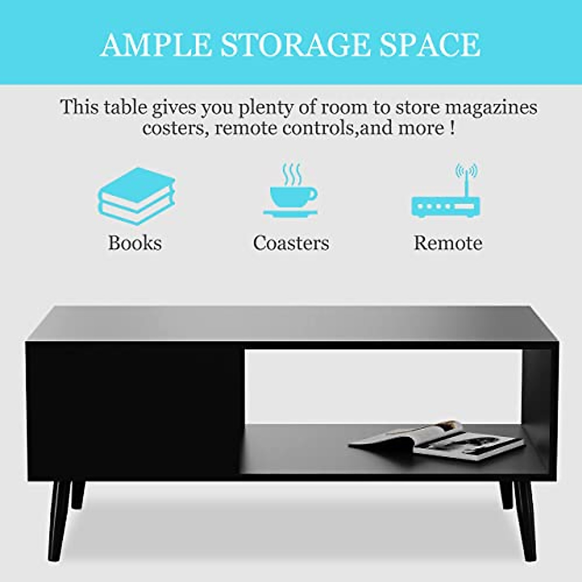 Yusong Modern Wood Coffee Table for Living Room, Retro Mid-Century Center Tables Cocktail Table with Storage Shelf for Reception, Black