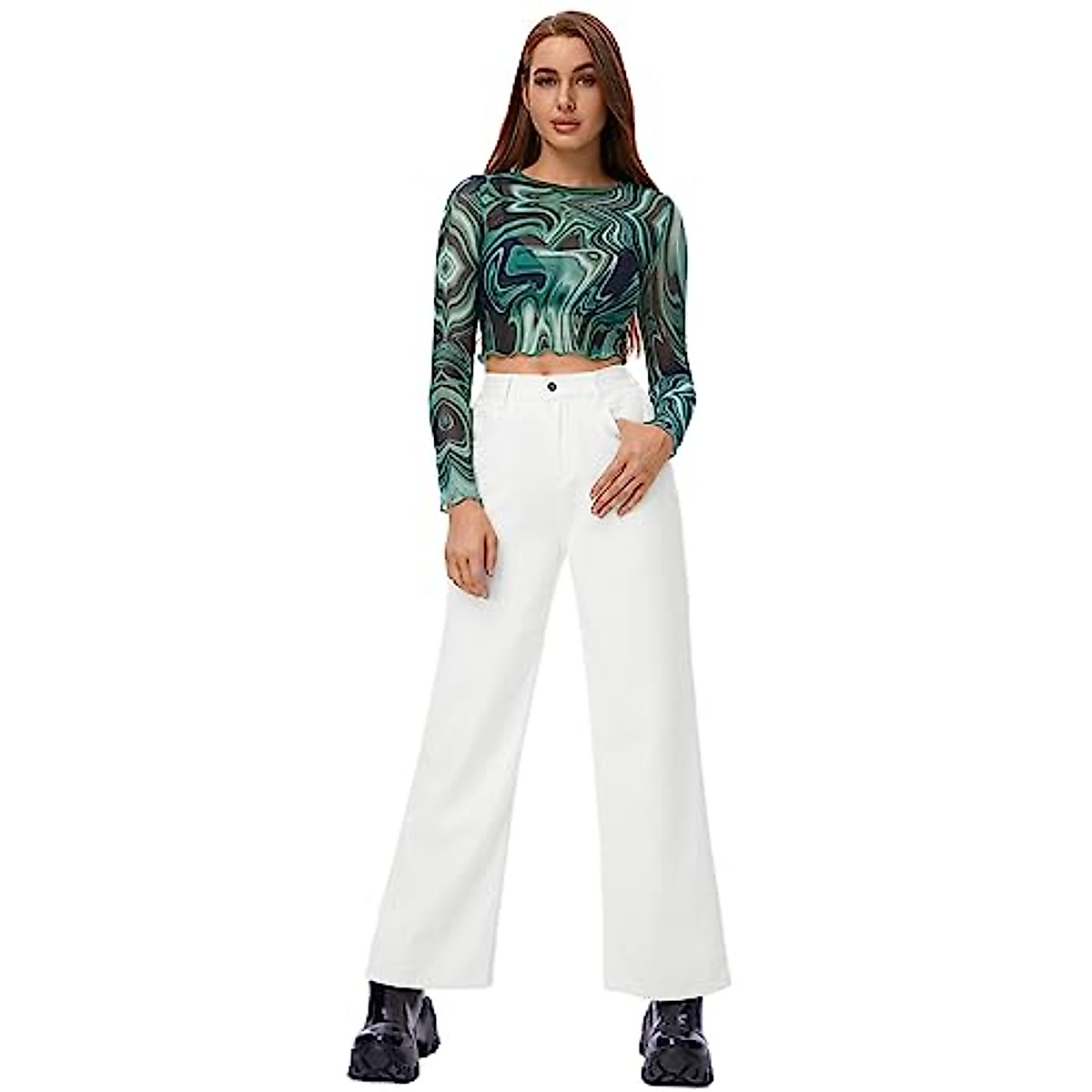 SweatyRocks Women's Casual Loose High Waist Solid Straight Wide Leg Jeans White Elastic Waist S