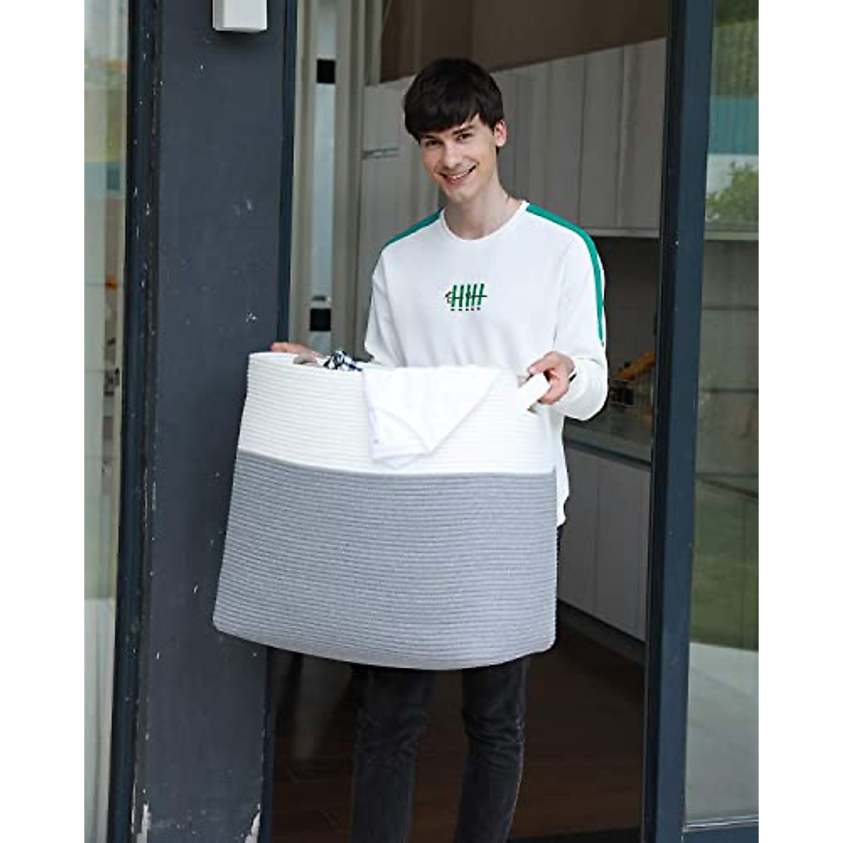 24"x16"x20" Mega Size Rectangular Extra Large Storage Basket, Cotton Rope Storage Baskets, Woven Laundry Hamper, Cloth Storage Bin, for Clothes Blanket in Living Room, Grey Rectangular Basket