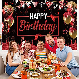 Red and Black Birthday Party Decorations - Red Black and Gold Balloons Garland Arch Kit with Red Happy Birthday Backdrop and Table Cover for Men Women Boy Girl Bady Party Supplies