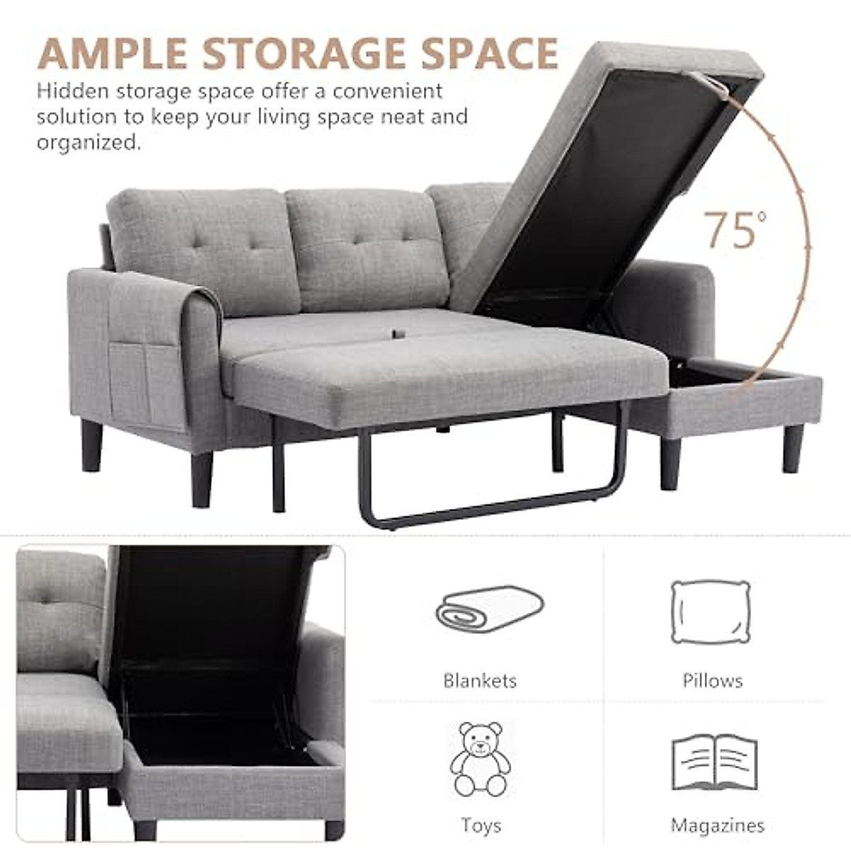 HUMEHA Convertible Sleeper Sofa, Linen Reversible Sleeper Sectional Sofa with Storage Chaise, Modern Upholstered Pull Out Sofa Bed, L Shaped Sofa Couch for Living Room Bedroom, Light Gray