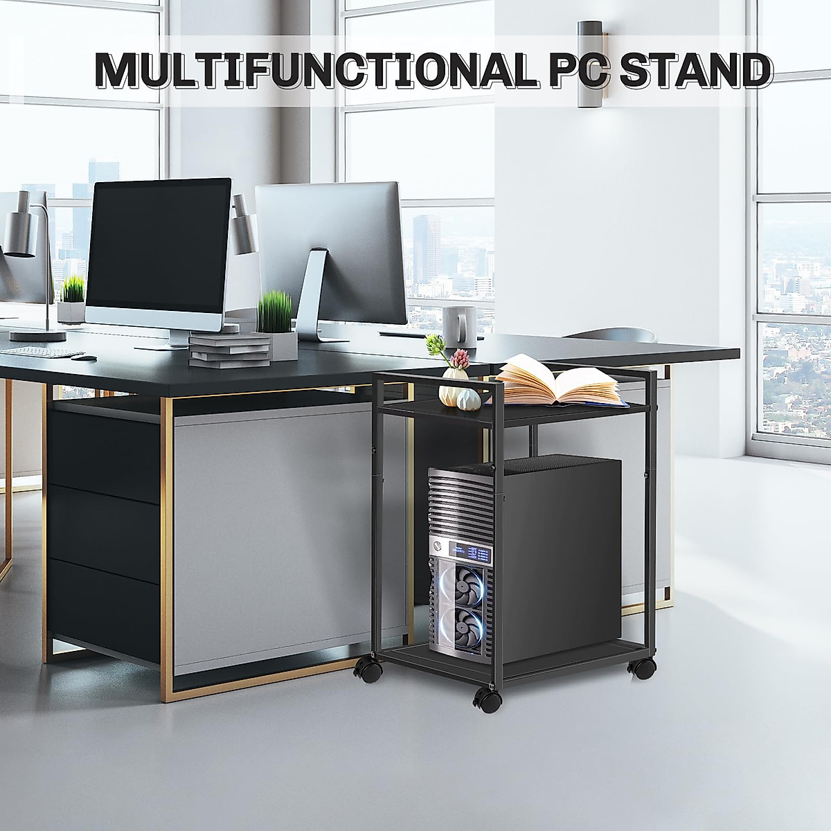 Liitrton Computer Tower Stand, 2-Tier CPU Stand PC Stand with Lockable Wheels Under Desk for Office Home (L)