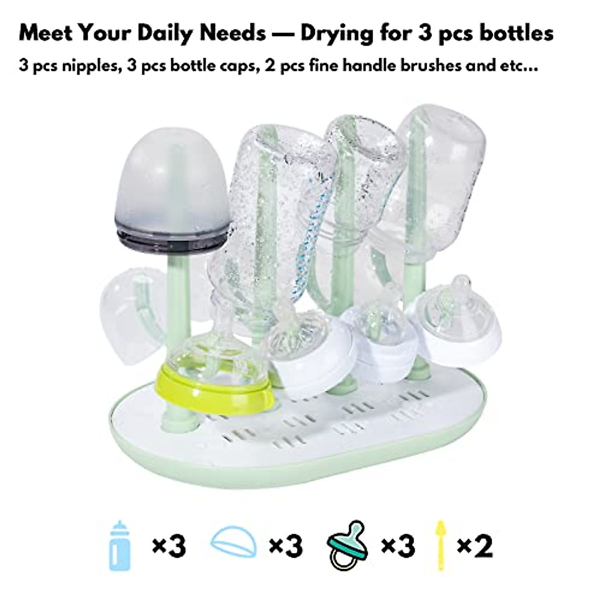 Jumperlay Baby Bottle Drying Rack with 2 Pack Sponge Brush and 2 Pack Straw Cleaner Brushes, High Capacity Countertop Bottle Dryer Holder for 4 Sets of Baby Bottles and Accessories, Green