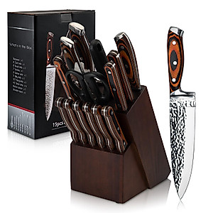 Kitchen Knife Sets with Block, 15-Piece High Carbon Stainless Steel Knife Block Set with Sharpener, Ultra-Sharp kitchen knives with Triple Rivet Wood Handle Perfect for Cooking Cut