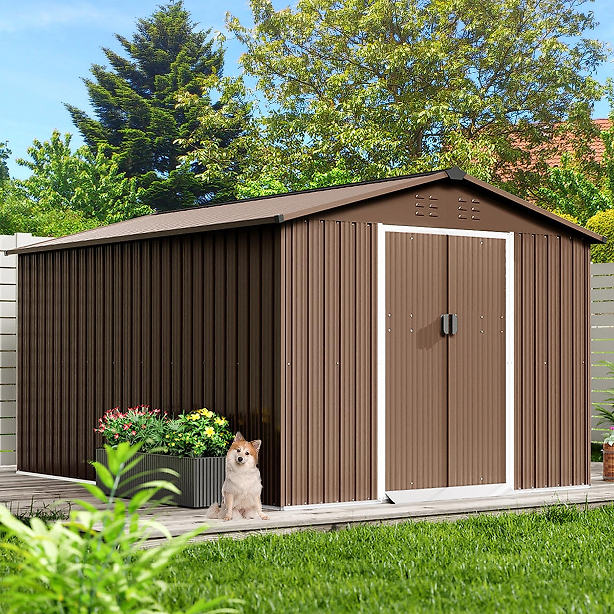 GarveeLife 8x15 Ft Outdoor Storage Shed, Large Garden Metal Shed with Sloped Roof & Lockable Door, Backyard Garden Patio Lawn Outdoor Shed for Organising Tools and Equipment in Yard, Garden, Brown