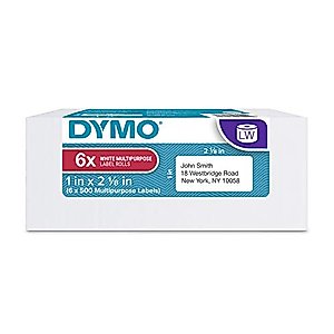 DYMO Multipurpose Labels for LabelWriter Label Printers, 1'' x 2 1/8'', White, 500 Labels Per Roll, Pack of 6 Rolls