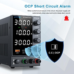 DC Power Supply, Bench Power Supply with Encoder Knob, Adjustable Regulated Power Supply with 5V 3.6A USB & Type-C Quick-Charge, Variable Power Supply with Overcurrent Protection (0-30V 0-10A)