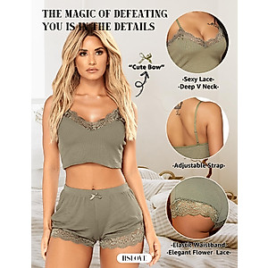 RSLOVE Women's Sleepwear Sexy Pajamas Lingerie Cami Shorts Set Lace Tank Top Shorts Nightwear Olive XL