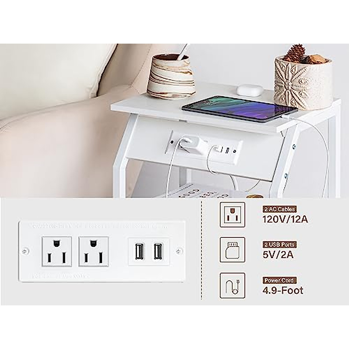 Labcosi White Nightstands with Fabric Drawer, 25" Tall Bedside Table with Charging Station, Bedroom End Tables and Dresser, 2 Pack