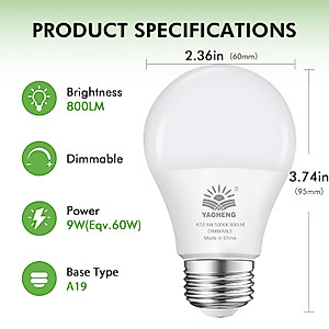 YAOHENG A19 LED Light Bulb, 9W(60W Equivalent) LED Bulbs, E26 Standard Base, 5000K Daylight, 800 Lumens, Dimmable 9W Bright White Light Bulbs for Home Office (16-Pack)