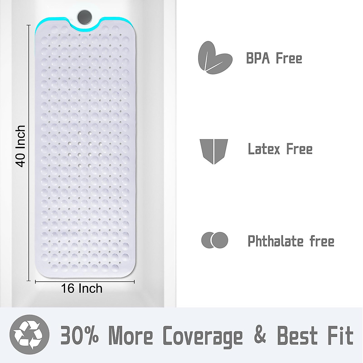 Yimobra Original Bathtub Mat Non Slip, Extra Long Bath Mat for Tub with Big Suction Cups and Drain Holes, Machine Washable Tub Shower Mats for Bathroom 16 x 40 Inches, Phthalate Latex Free, White