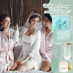 Inbagi Maid of Honor Gifts Box Set of 5 Includes Glass Cup with Lid and Straw Makeup Bag Sage Scented Candle Wedding Invitation Cards Proposal Gifts for Bridal Party Favors (Sage)