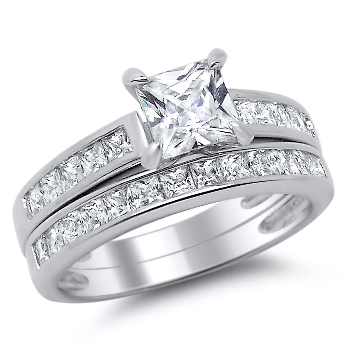 Sterling Silver Princess Cut Bridal Set Engagement Wedding Ring Set (Size 7)