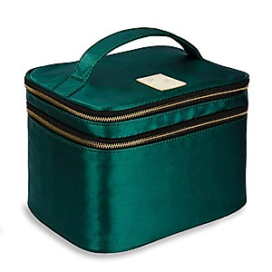 Eudora Double Layer Travel Makeup Bag, Green Nylon Satin Makeup Bag Organizer with Portable Mirror and Brushes holders, Large Cosmetics bag for Women (Green)