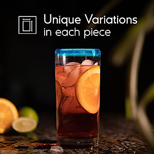 MexHandcraft Aqua Blue Rim 20 oz Tall Iced Tea Glasses, set of 6, Mexican Handmade Glassware, Recycled Glass, Lead & Toxin Free (Tall Iced Tea)