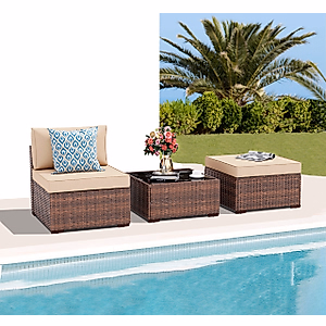 Patiorama 3 Piece Patio Furniture Set, Outdoor Sectional Sofa, PE Wicker Rattan Conversation Set, All Weather Armless Chair and Ottoman with Coffee Table, Brown Wicker Beige Cushion