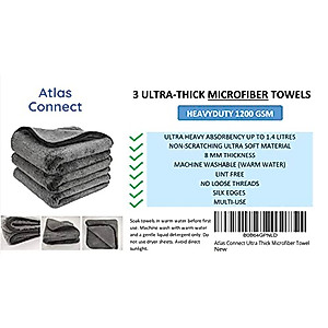 Atlas Connect 1200 GSM Ultra Thick Microfiber Towels for Cars, Soft Car Drying Towel for Washing, Polishing and Auto Detailing 16'' x 16'' (3 Pack)