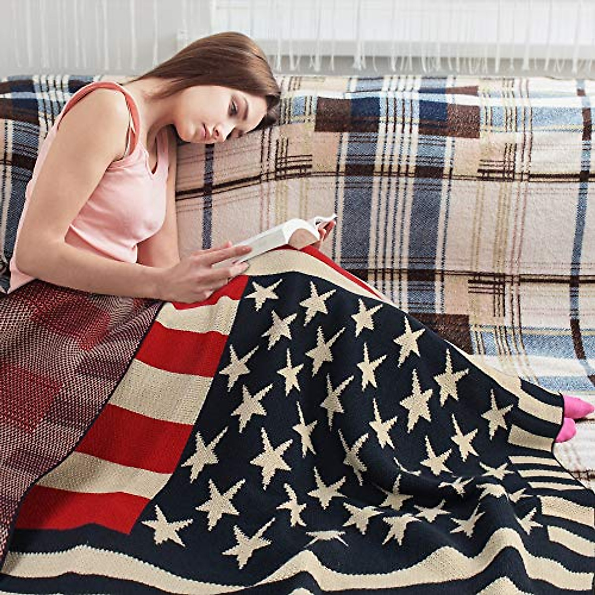 US Flag Knitted Blanket Patriotic Throw Super Comfy Soft Cozy for Coach and Bed 50"x 60" Warm for All Season TV Blankets