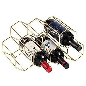9 Bottles Metal Wine Rack, Countertop Free-Stand Wine Storage Holder, Space Saver Protector for Red & White Wines - Gold