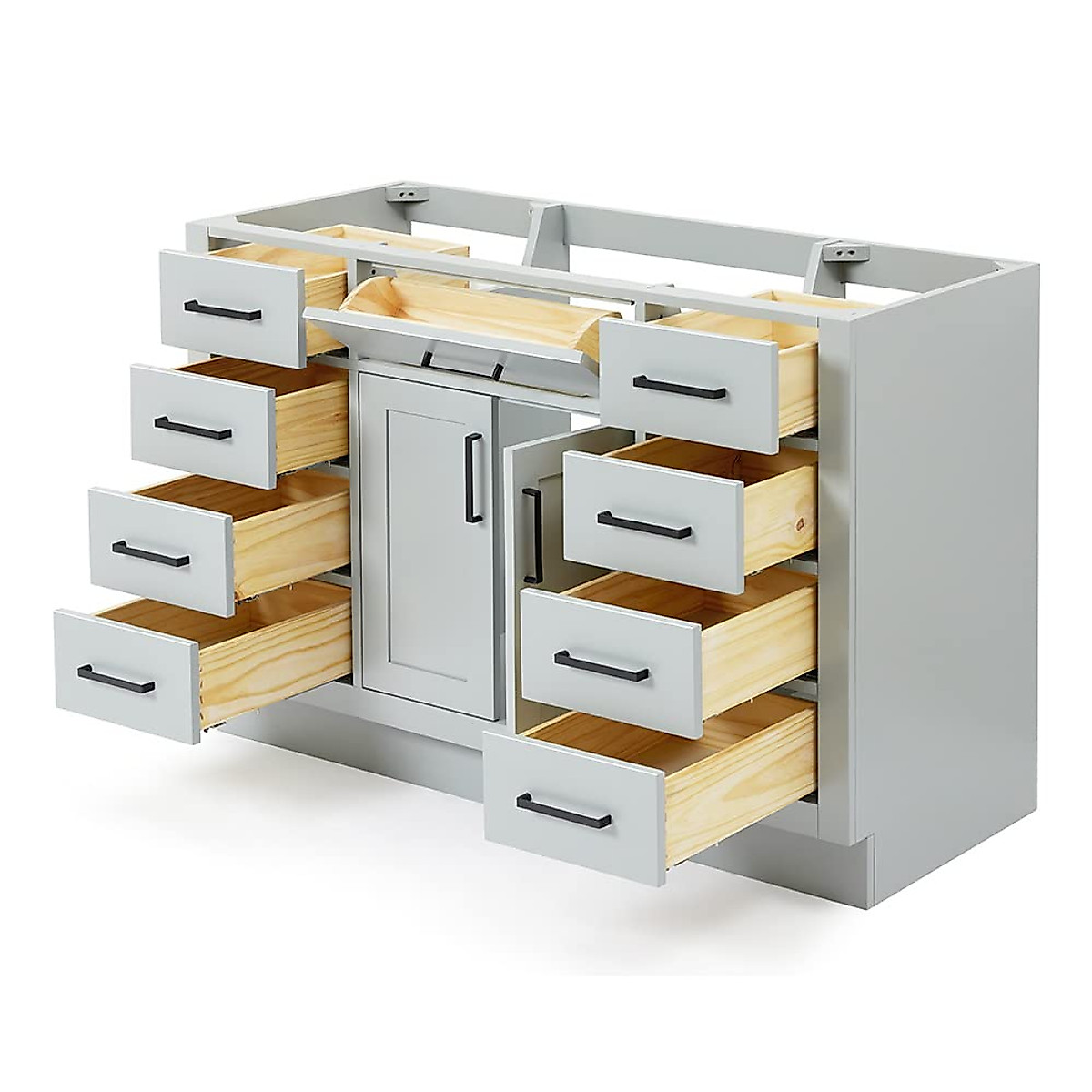 ARIEL Hepburn Bathroom Vanity Base Cabinet 48" Grey, Single Sink Configuration, 2 Soft Closing Doors, 9 Full Extension Dovetail Drawers, Toe Kick, Matte Black