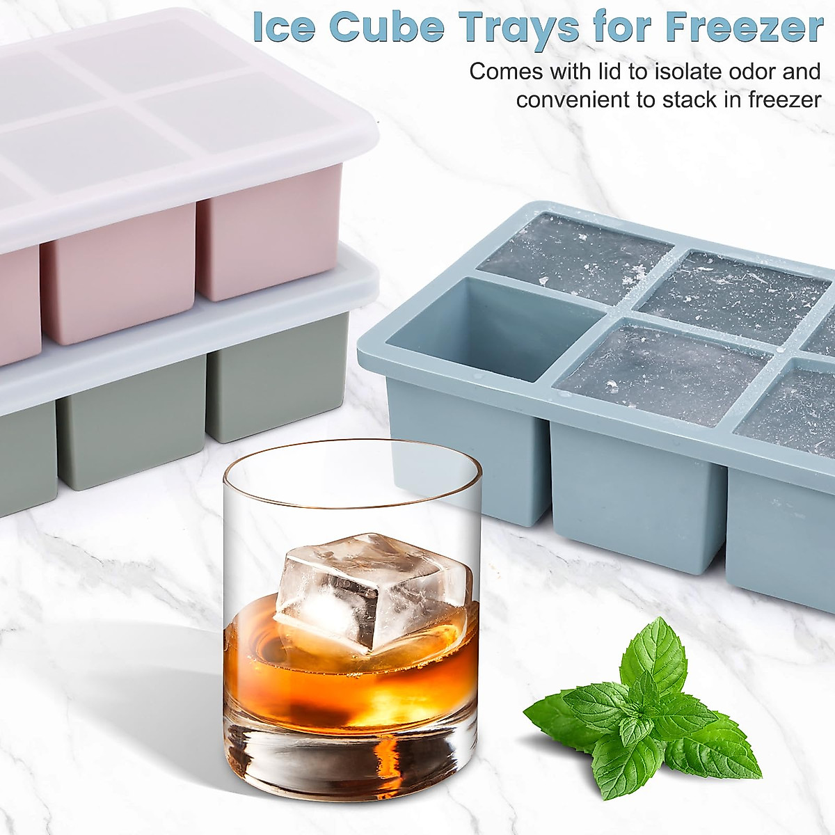Large Silicone Ice Cube Tray 3Pack, SAWNZC Large Ice Cube Molds for Whisky Cocktail, 2inch Big Square Ice Tray for Freezer