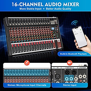 Audio Mixer 16 Channel Bluetooth Live Studio LED Display Professional USB Mixing Console with 3-Band EQ Sound Board Console DJ Studio Audio Mixer for PC Recording Music (16 Channel)