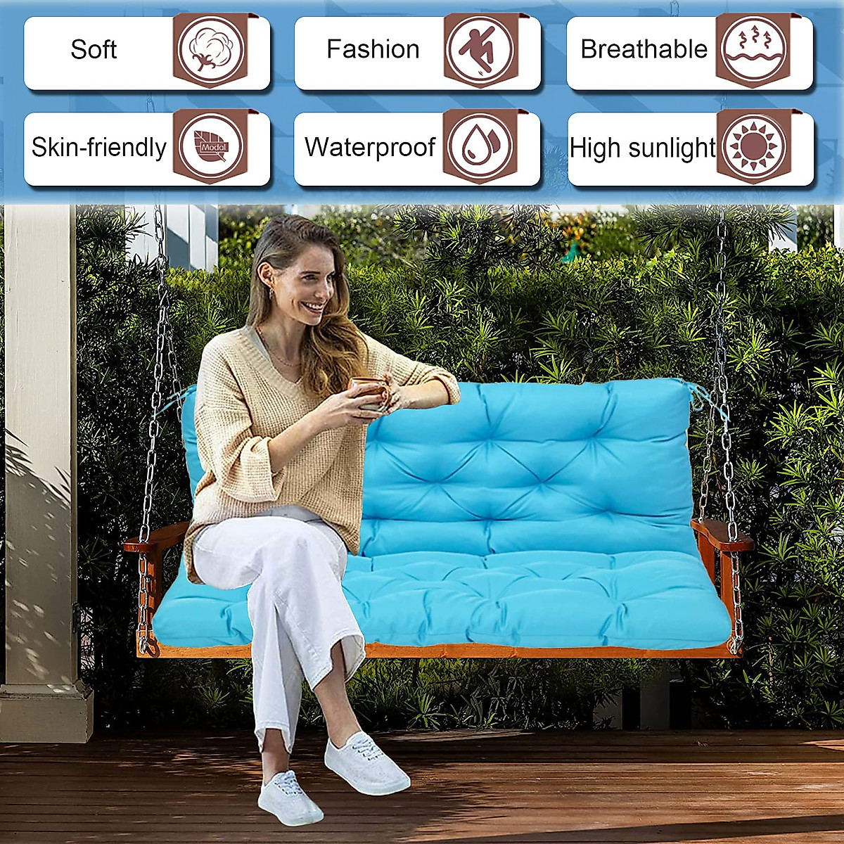 DHIJUPNG Replacement Cushions for Outdoor Swing, Waterproof Porch Bench Swing Cushions 2 Seater for Outdoor Furniture, Thicken 4" Patio Swing Cushions Suitable for 38-42" Swings(Sky Blue 40x40in)