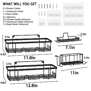 Shower Caddy Organizers, Adhesive Shower Basket Shelf with Hooks, No Drilling Rustproof Bathroom Shower Rack Organizers with Toothbrush Holder Soap Dish for Inside Shower & Kitchen Storage-Matte Black