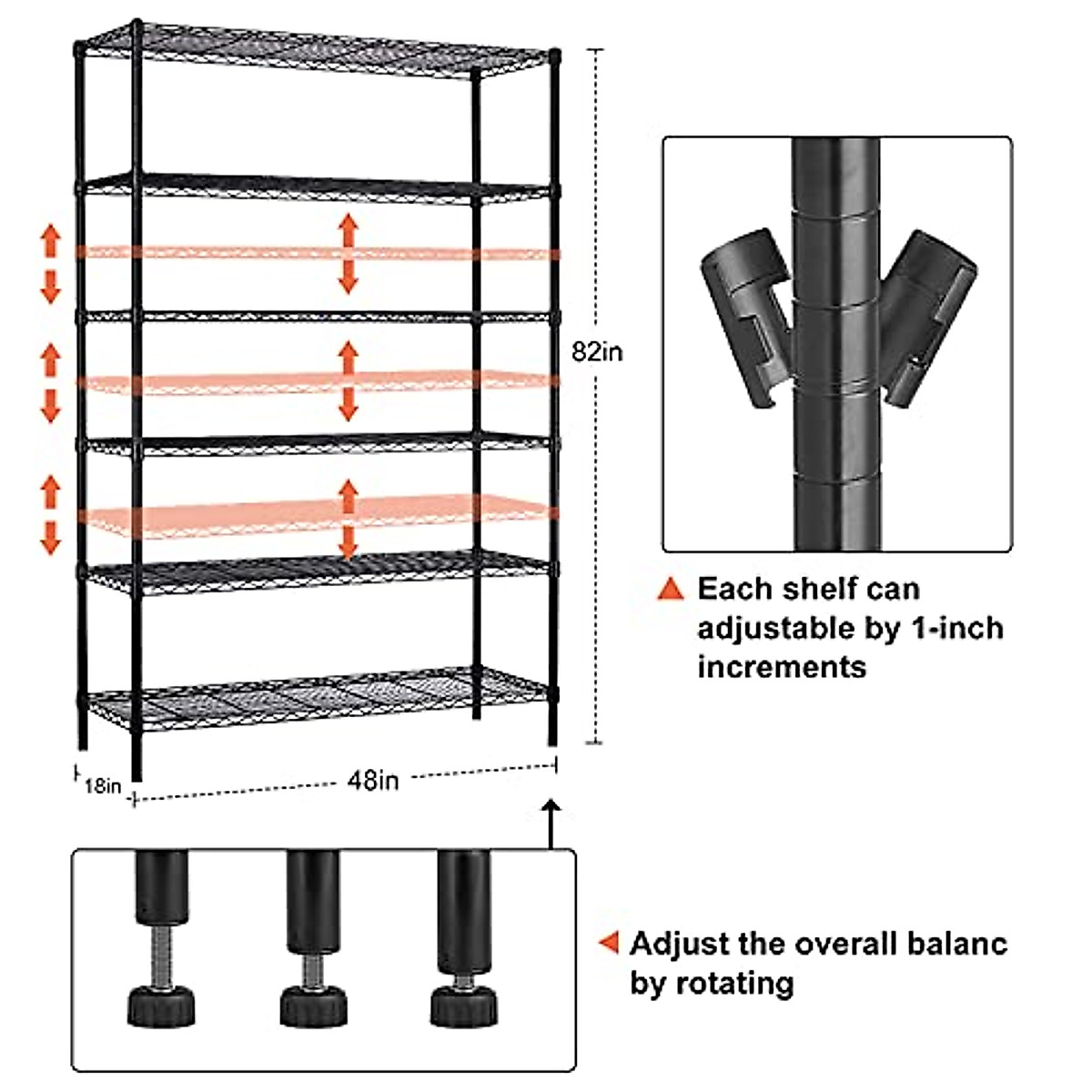 6 Shelf Wire Shelving Adjustable Storage Shelves Steel Wire Rack Metal Shelf 2100Lbs Capacity Standing Storage Shelf Units for Laundry Kitchen Garage Pantry Closet ( Black, 48" L x 18" W x 82")