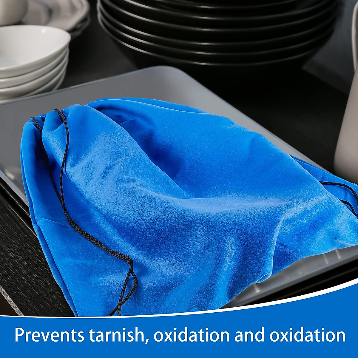 4 Pcs Anti Tarnish Storage Bag with 2 Pcs Silver Polishing Cloth 18 x 18 Inch Fabric Cloth Bags Blue Anti Tarnish Jewelry Storage Bags Silverware Bags for Silverware Silverplate Flatware Silver Trays