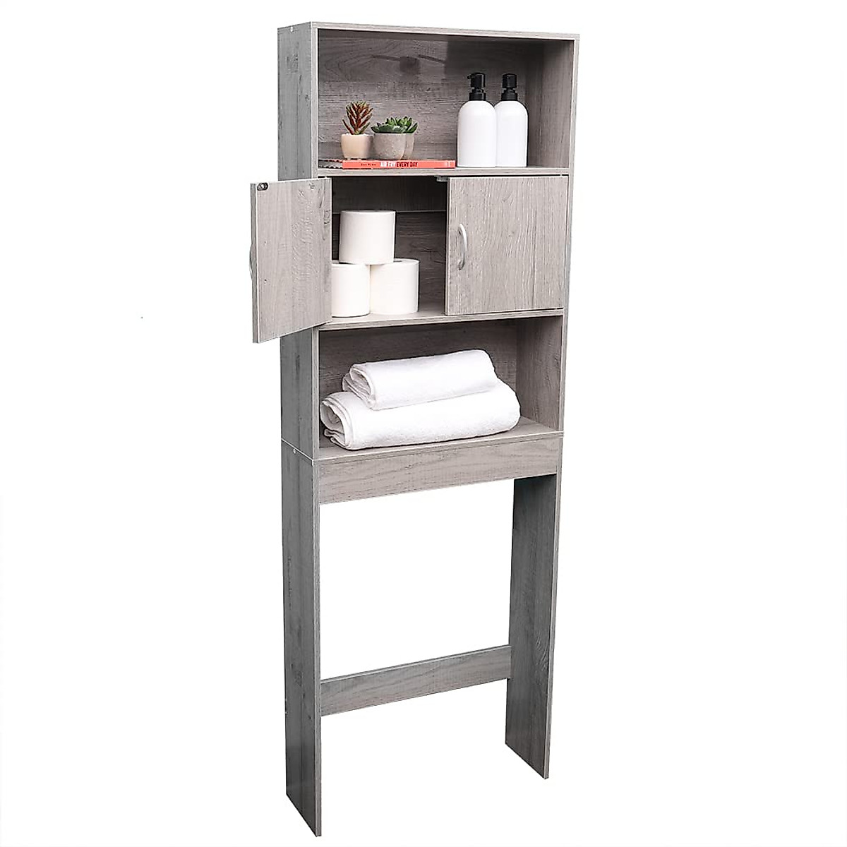 Home Basics Space Saver for Bathroom (Grey) MDF Bathroom Space Saver with Three Shelves and Cabinet Doors | Toilet Saver for Towels, Toilet Paper, Beauty Supplies, and Décor