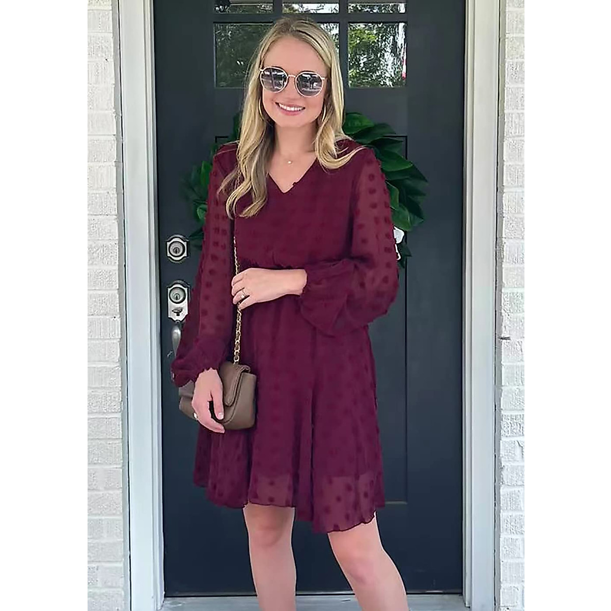 KIRUNDO Womens Spring Dresses 2024 Fashion Casual Long Lantern Sleeve V Neck Cute Swiss Dot Mini Wedding Guest Dress(Style2-Wine Red, X-Large)