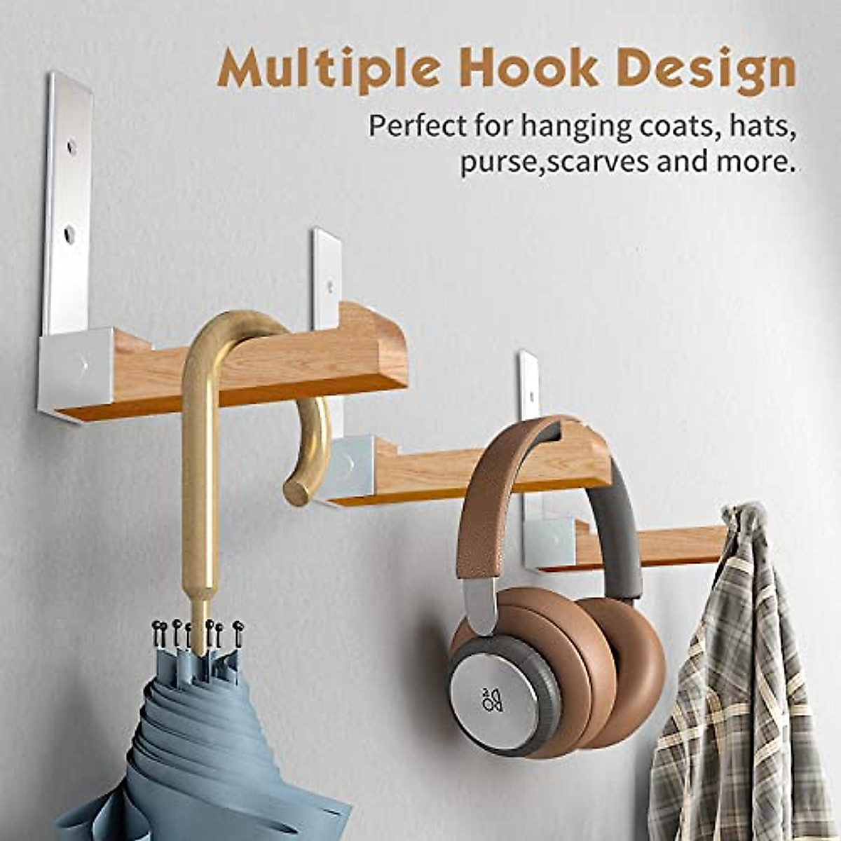 Folding Coat Hooks 5 Pcs Wooden Wall Hooks for Hanging Coat Heavy Duty Aluminum Alloy Adhesive Foldable Headphone Holder Coat Hooks Wall Mounted with 10 Screws for Hat, Towel, Bag (White)