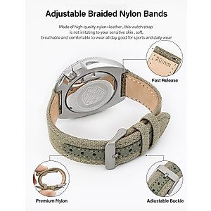 TACTICAL FROG 20mm Fast Release Nylon Watch band Military Watch Straps with Stainless Steel Buckle, Two-Piece Waterproof Nylon + Leather Watchbands for Men and Women