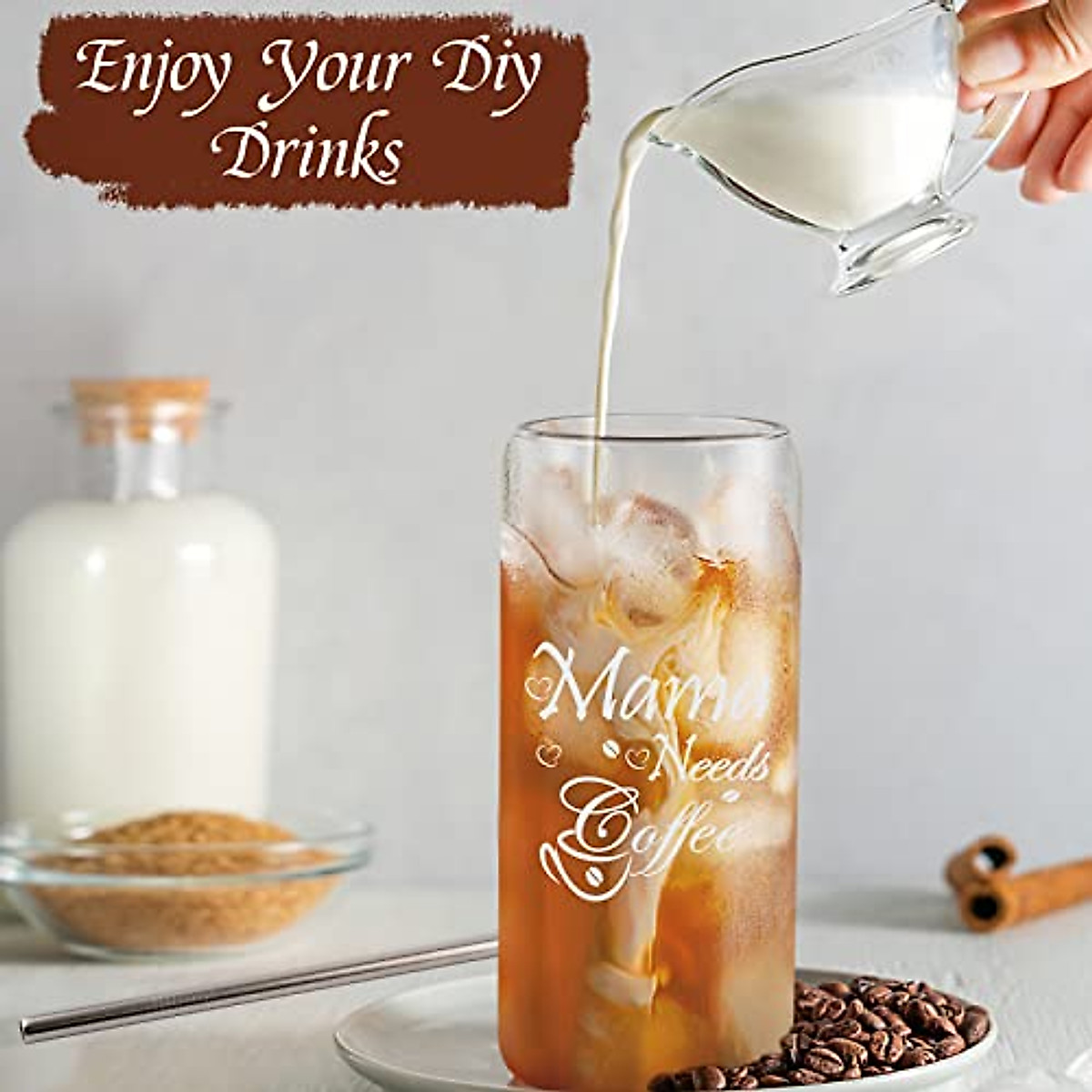 WAVEWISE Gifts for Mom from Daughter, Son, Kids - 20 Oz Drinking Can Glass Iced Coffee Cup with Lid and Straw - Mama Needs Coffee - Birthday Presents for Mom, Mother, Wife, New Mom, Mother In Law