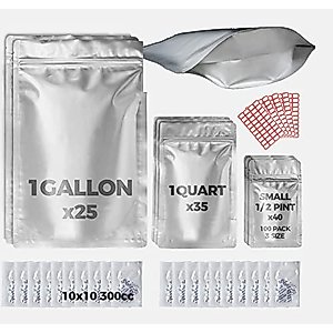 100 Mylar Bags For Food Storage - 10 mil 1 Gallon (25pc), 8 mil 1 Quart (35pc, 6 mil 1/2 Pint (40pc, Stand Up Resealable Mylar Bags With Oxygen Absorbers 300CC Packing Ziplock Sealable Milar Myler Bag