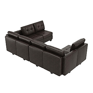 HONBAY Modular Sectional Couch with Storage Faux Leather Convertible Modular sectional Sofa u Shaped Couch with Ottomans and Chaises Faux Leather 7-Seater Sectional Sofa for Living Room, Brown