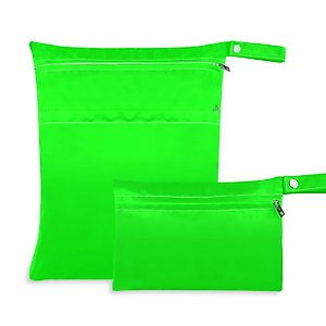Kigai Waterproof Wet Bag Set Plain Neon Green Solid Color Wet Dry Bags for Cloth Diapers Washable Pouch with Handle Travel Bag Organizer for Beach Gym 12" x 14"