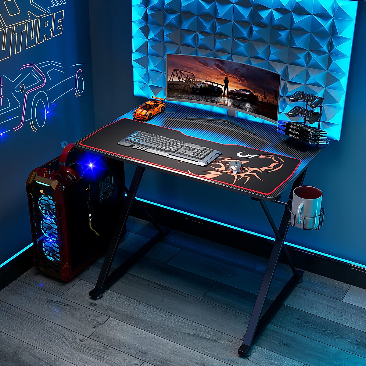 EUREKA ERGONOMIC Gaming Desk 31 Inch,Small Gaming Table for Kids, X Shaped Computer Desk with Mouse Pad, Carbon Fiber Home Office Desk with Cup Holder & Headphone Hook & Controller Stand,Black