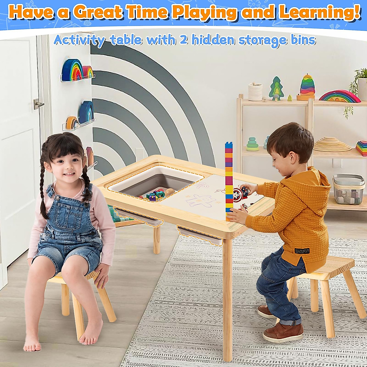 Purelax Children's Sensory Table with 2 Stool, Multifunction Toddler Play Sand Table Indoor Art Table Drawing Table for Kids, Toddler Sensory Table with 2 Storage Bin & 2 Stool