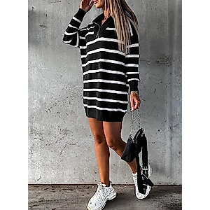 Sidefeel Women's Casual Striped Sweater Dress Fall Winter 2023 Half Zip V Neck Knitted Loose Mini Dress Long Sleeve Pullover Jumper Sweaters Black Large