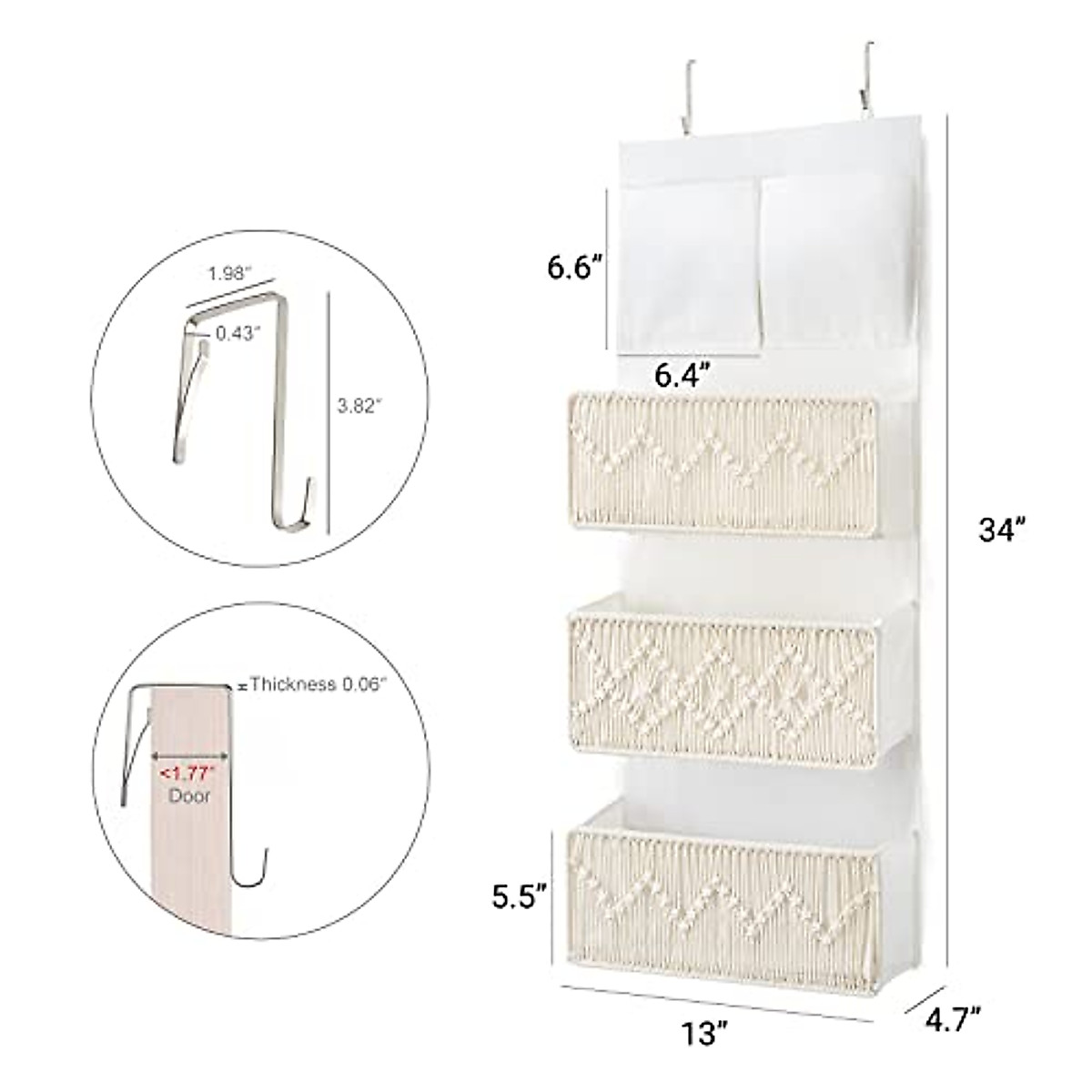 Mkono Macrame Over The Door Organizer and Small Macrame Storage Basket for Bedroom Living Room Nursery Dorm, Ivory, Set of 3