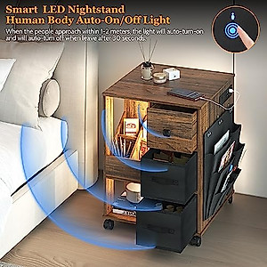 dnbss Nightstand with Charging Station, LED Nightstand with Drawers, Smart Nightstand with USB Ports, Modern Night Stand Bedside Table with Storage Shelves for Living Room, Bedroom, Brown