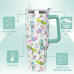 Nqhsionv Easter Tumbler with Handle 40 oz Easter Bunny Coffee Travel Mug Stainless Steel Rabbit Insulated Cup Happy Easter Decor Gifts
