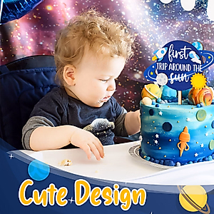 Huray Rayho First Trip Around the Sun One Cake Topper Outer Space Wooden Cake Decorations Cake Smash Topper for Boys Solar System 1st Birthday Party Galaxy Party Supplies